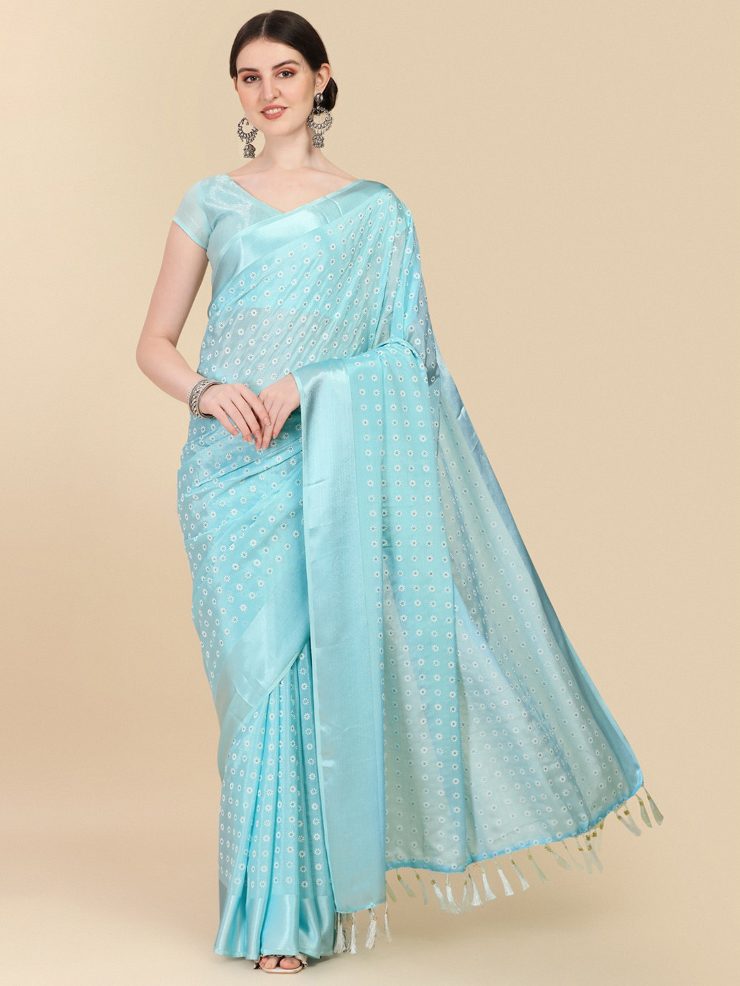 Buy Fab Dadu Blue & White Floral Satin Ready To Wear Saree - Sarees for ...