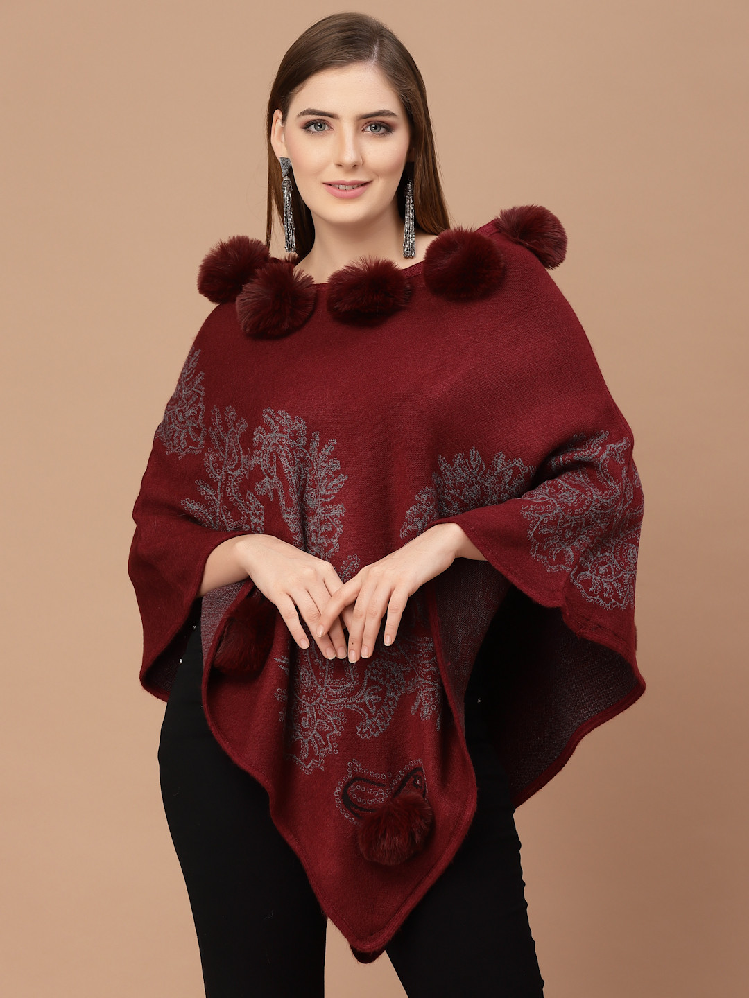 Buy Mafadeny Women Maroon & Black Poncho - Sweaters for Women 20169046 ...
