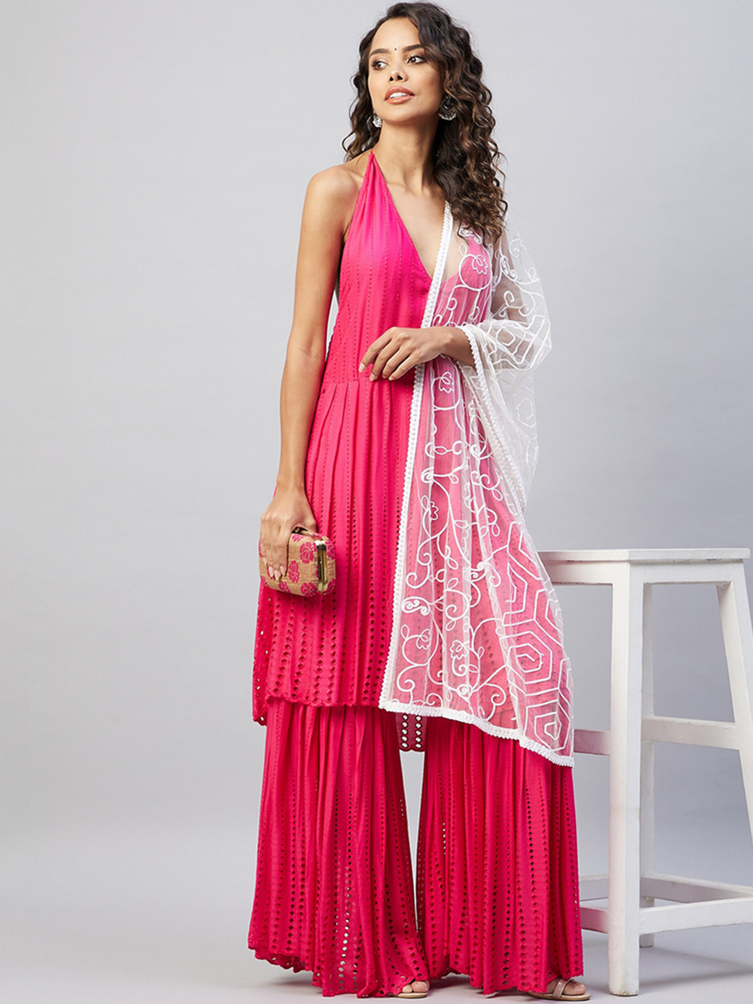 Buy InWeave Women Pleated Kurta With Sharara & With Dupatta - Kurta ...
