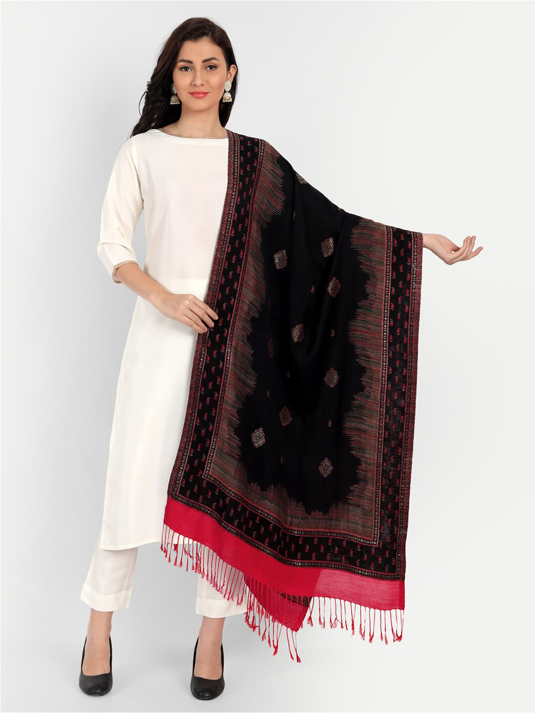 Buy HK Colours Of Fashion Women Black & Pink Woven Design Stole ...