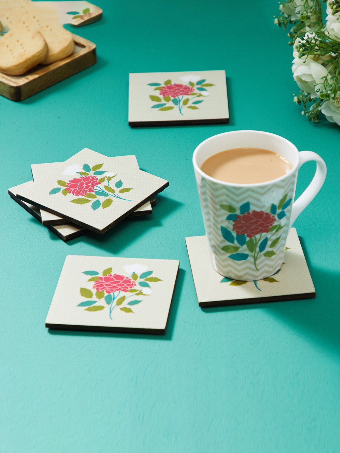 Buy Home Centre Set Of 6 Corsica Bela Floral Printed Mango Wood Coaster ...