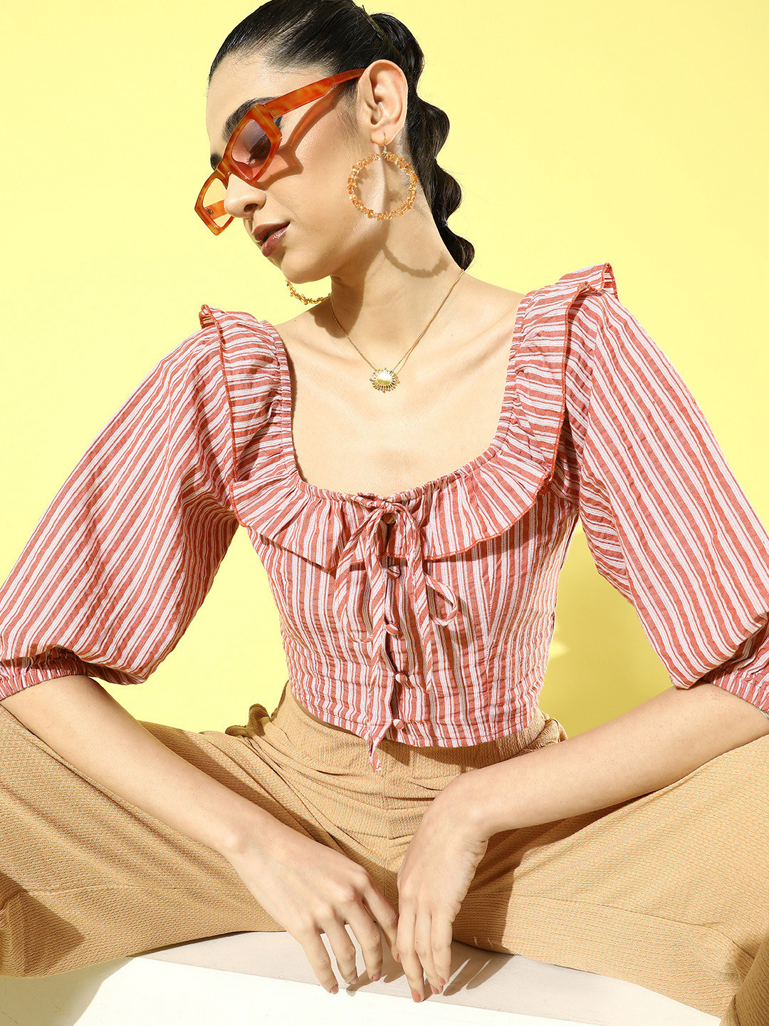 Buy Roadster Red Vertical Striped Statement Collar Top - Tops for Women ...