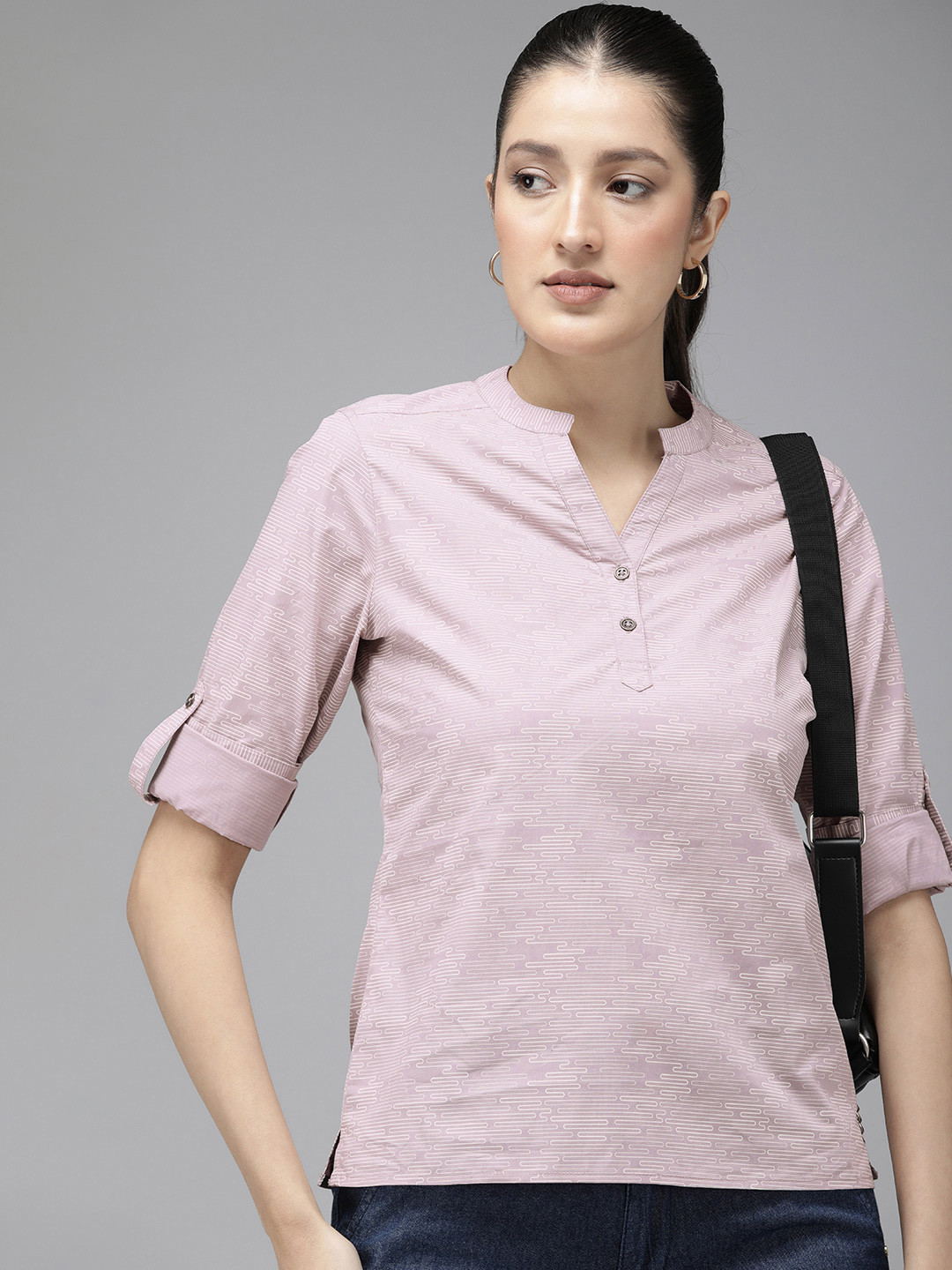 Buy The Roadster Life Co. Geometric Print Mandarin Collar Roll Up ...