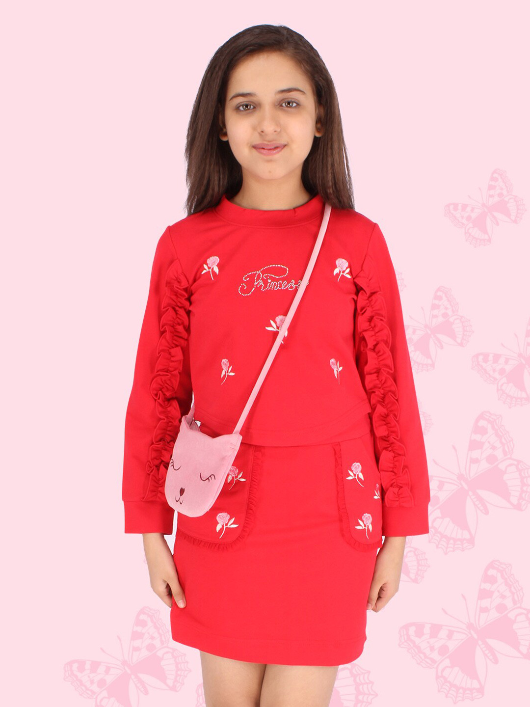 Buy CUTECUMBER Girls Embroidered T Shirt With Knee Length Skirt ...