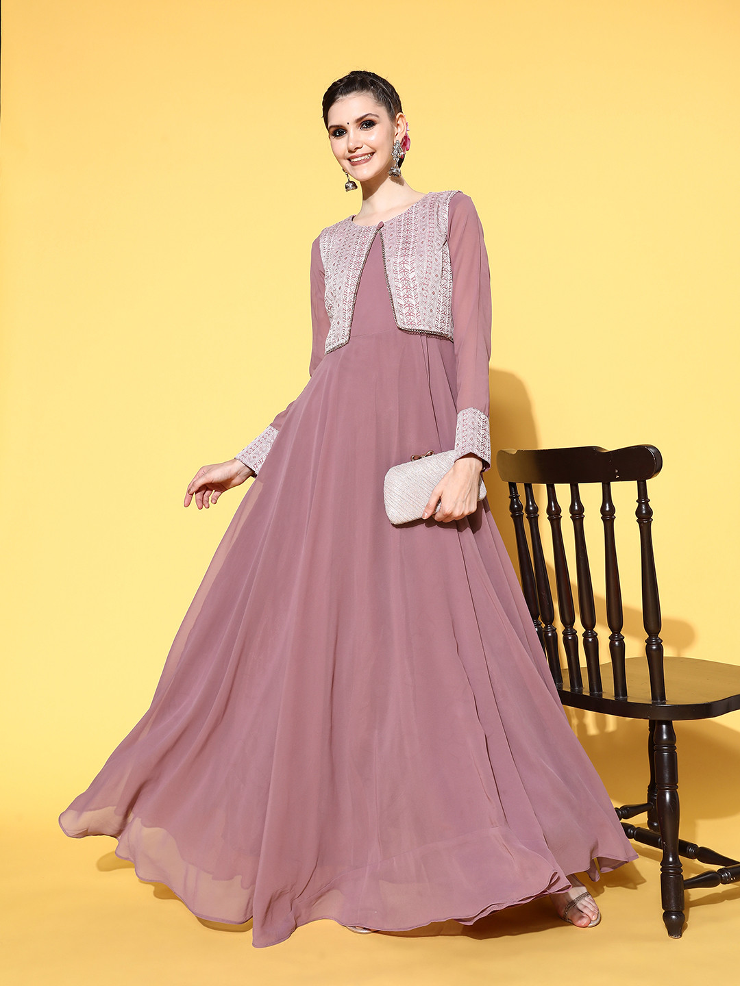 Buy Inddus Women Stylish Mauve Georgette Elevated Gown - Ethnic Dresses ...