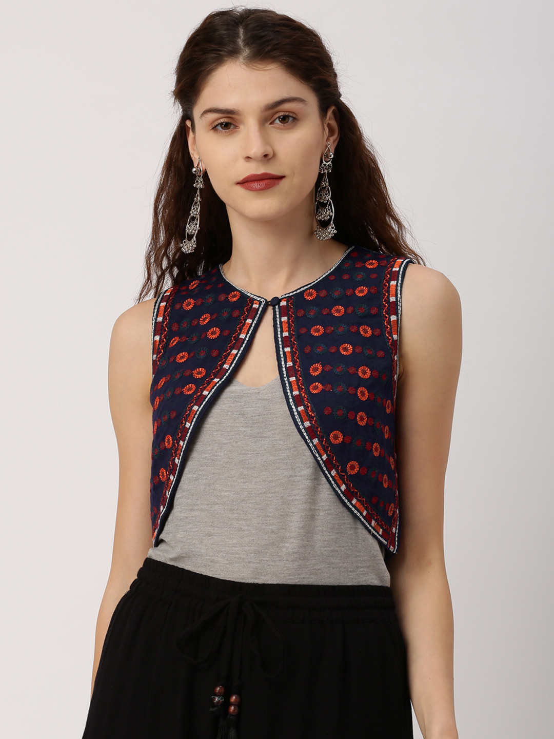 Buy IMARA Women Navy Embroidered Ethnic Jacket - Jackets for Women ...