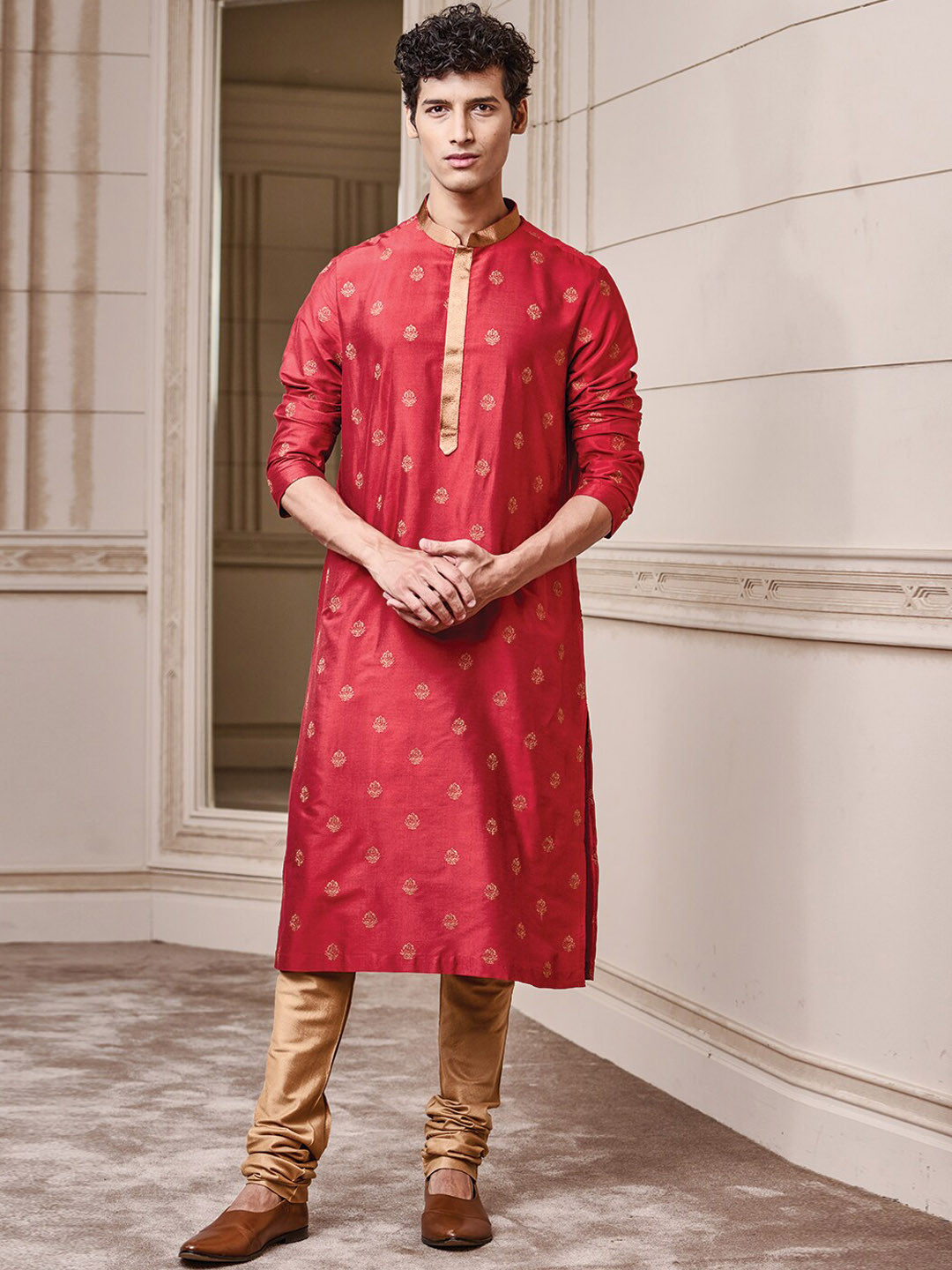 Buy Tasva Men Red Ethnic Motifs Printed Kurta With Churidar - Kurta ...