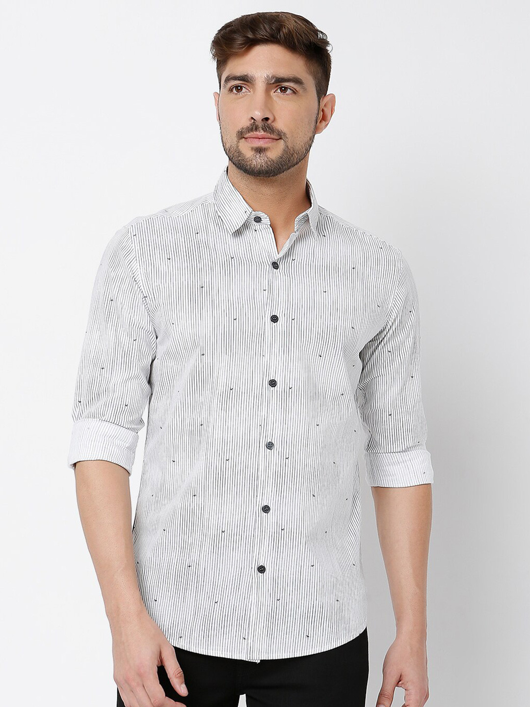 Buy Mufti Men White Classic Slim Fit Striped Cotton Casual Shirt ...