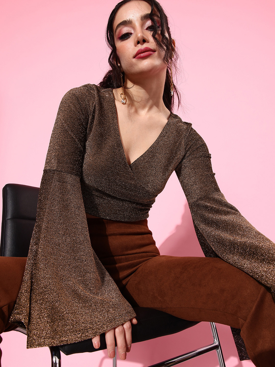 Buy Moda Rapido Women Cinnamon Brown Bell Sleeves Party Lity Wrap Crop ...