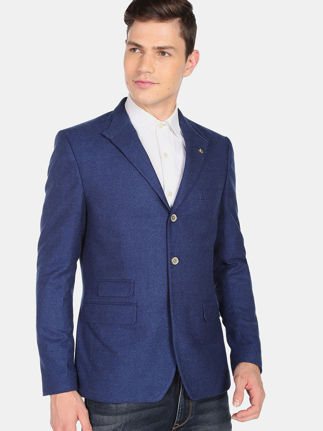 Buy AD By Arvind Men Blue Solid Twill Weave Tailored Fit Blazer ...