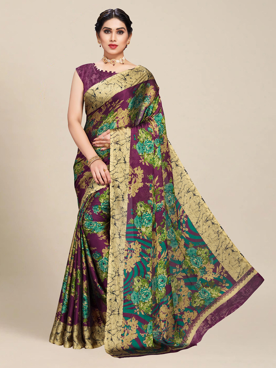 Buy MS RETAIL Burgundy & Green Floral Pure Georgette Block Print Saree ...