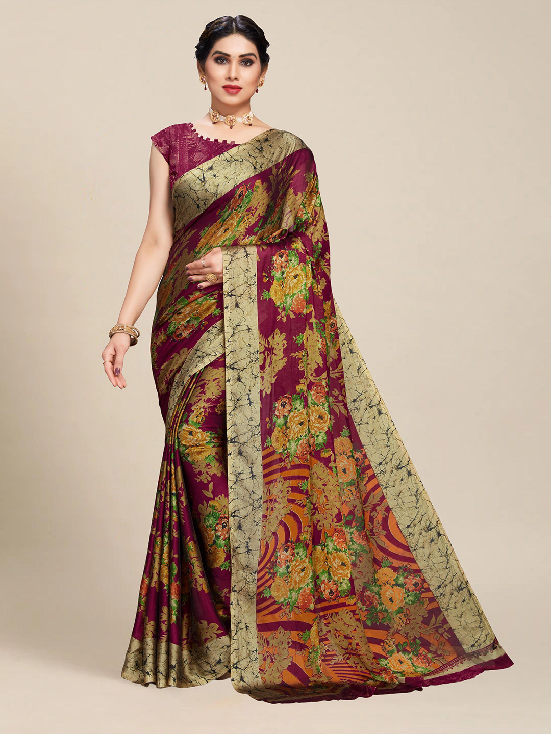 Buy MS RETAIL Maroon & Green Floral Pure Georgette Block Print Saree ...