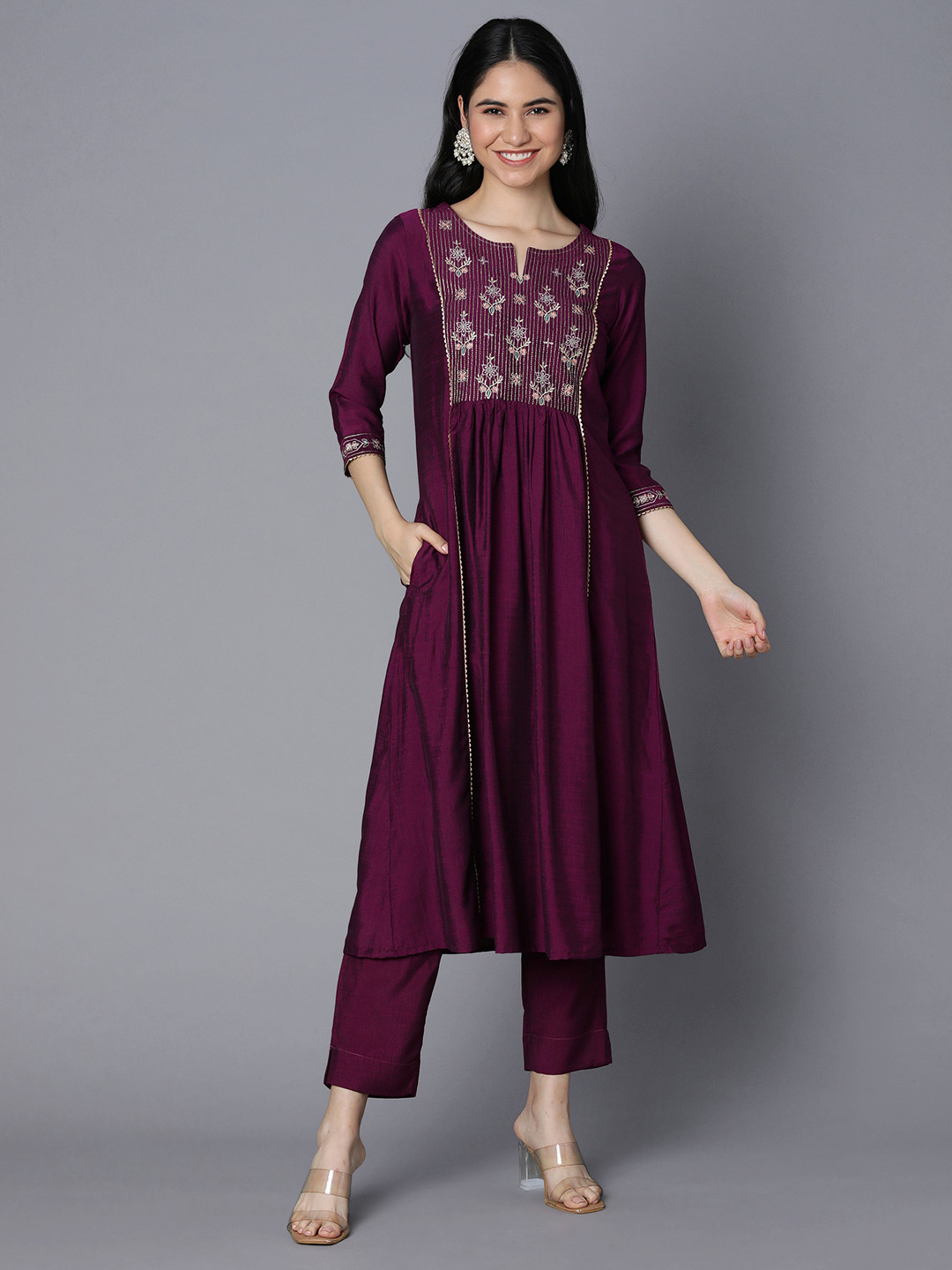 Buy KAMI KUBI Women Purple Solid Yoke Design Thread Work Silk Kurta ...