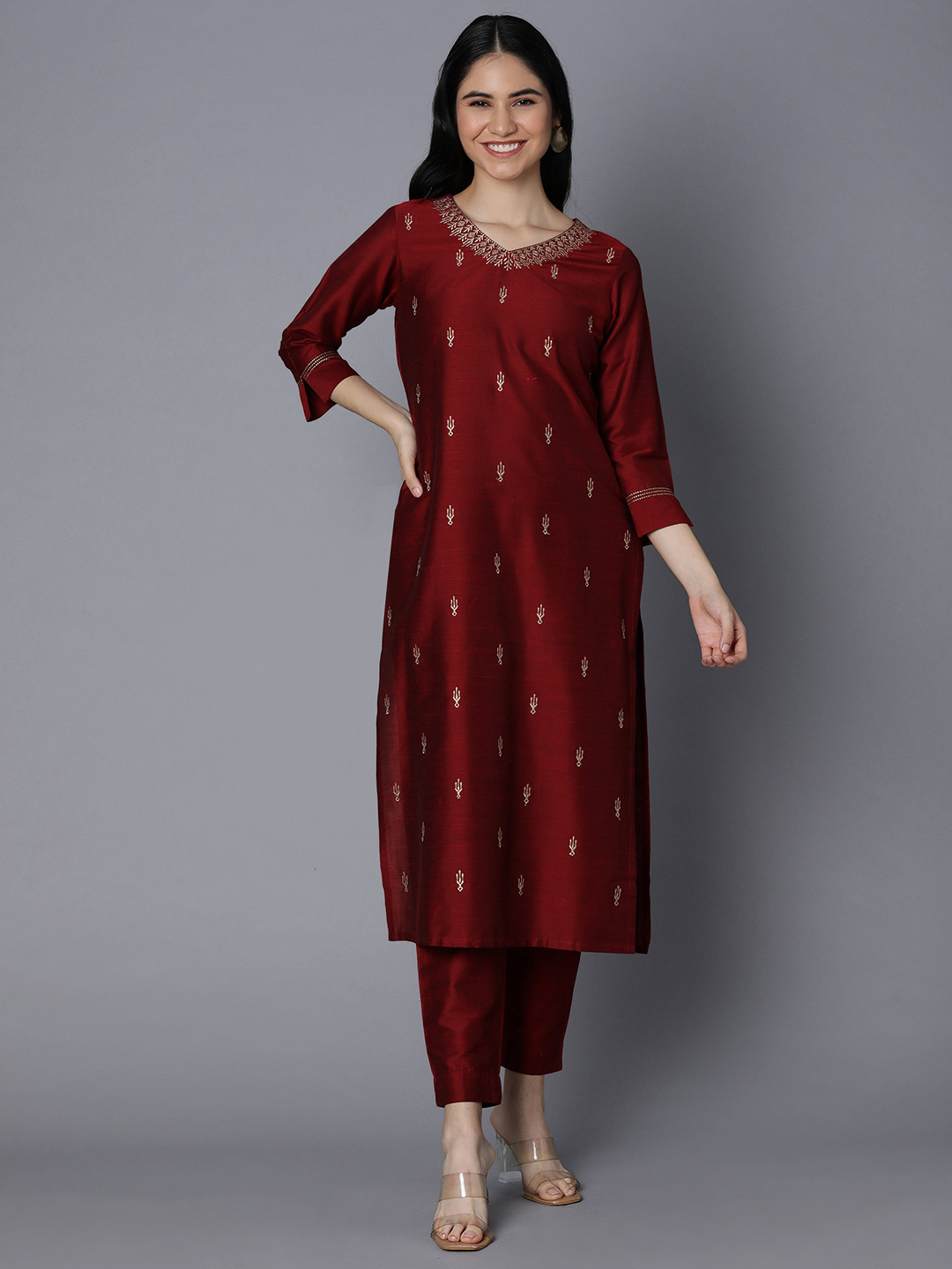 Buy KAMI KUBI Women Maroon Printed Kurta With Trousers - Kurta Sets for ...