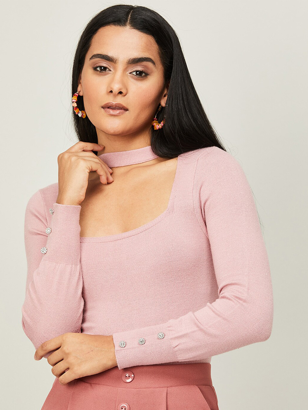 Buy CODE By Lifestyle Women Pink Solid Fitted Cuffed Sleeve Top - Tops ...