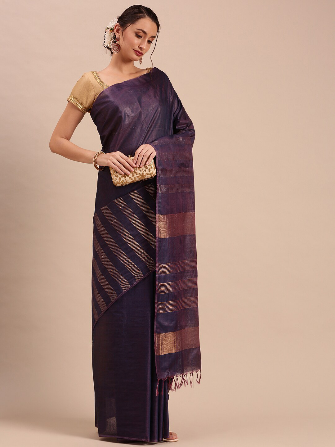 Buy Ramraj Navy Blue & Gold Toned Woven Design Tussar Saree - Sarees ...