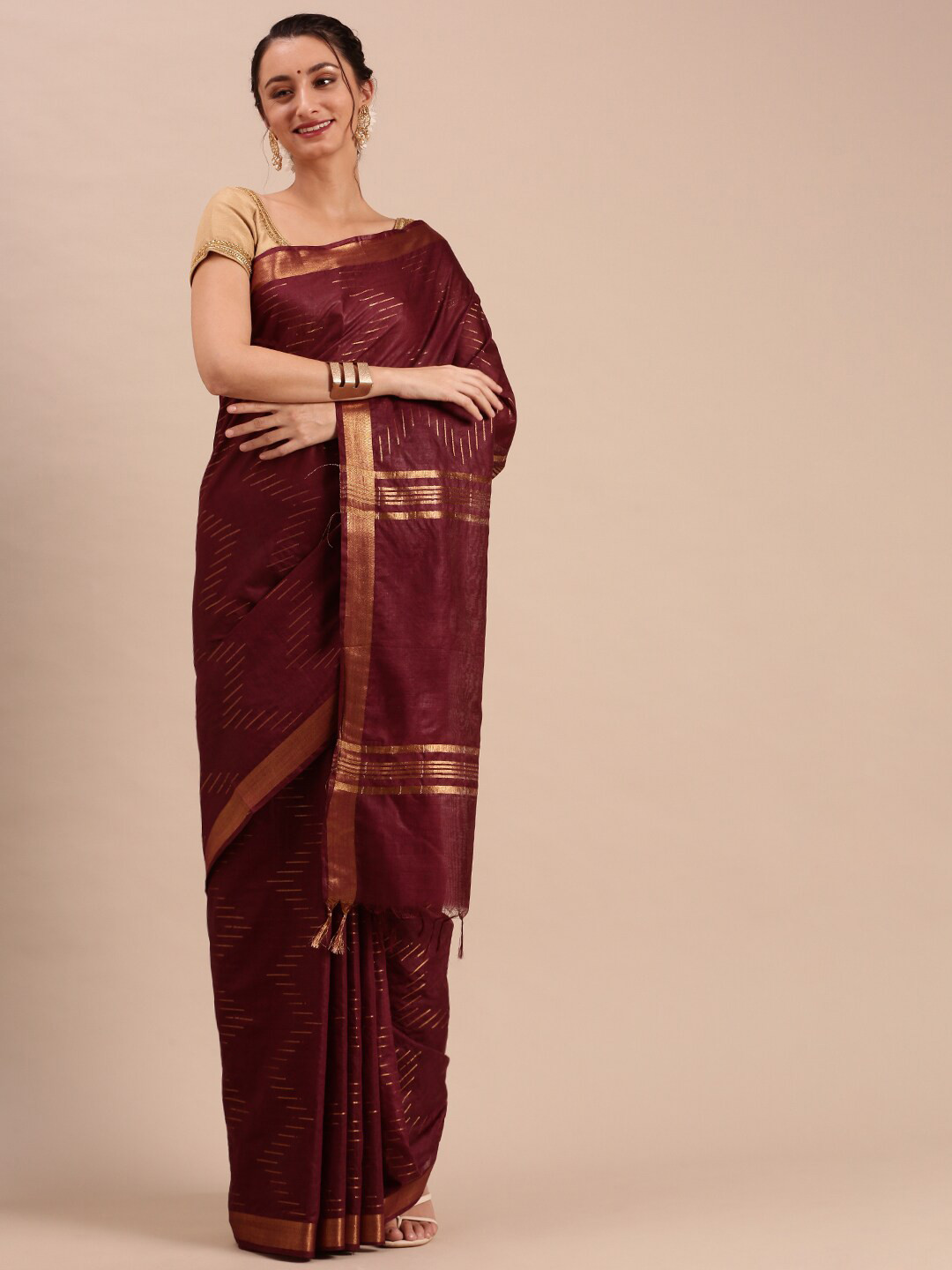 Buy Ramraj Brown & Gold Toned Striped Zari Tussar Saree - Sarees for ...