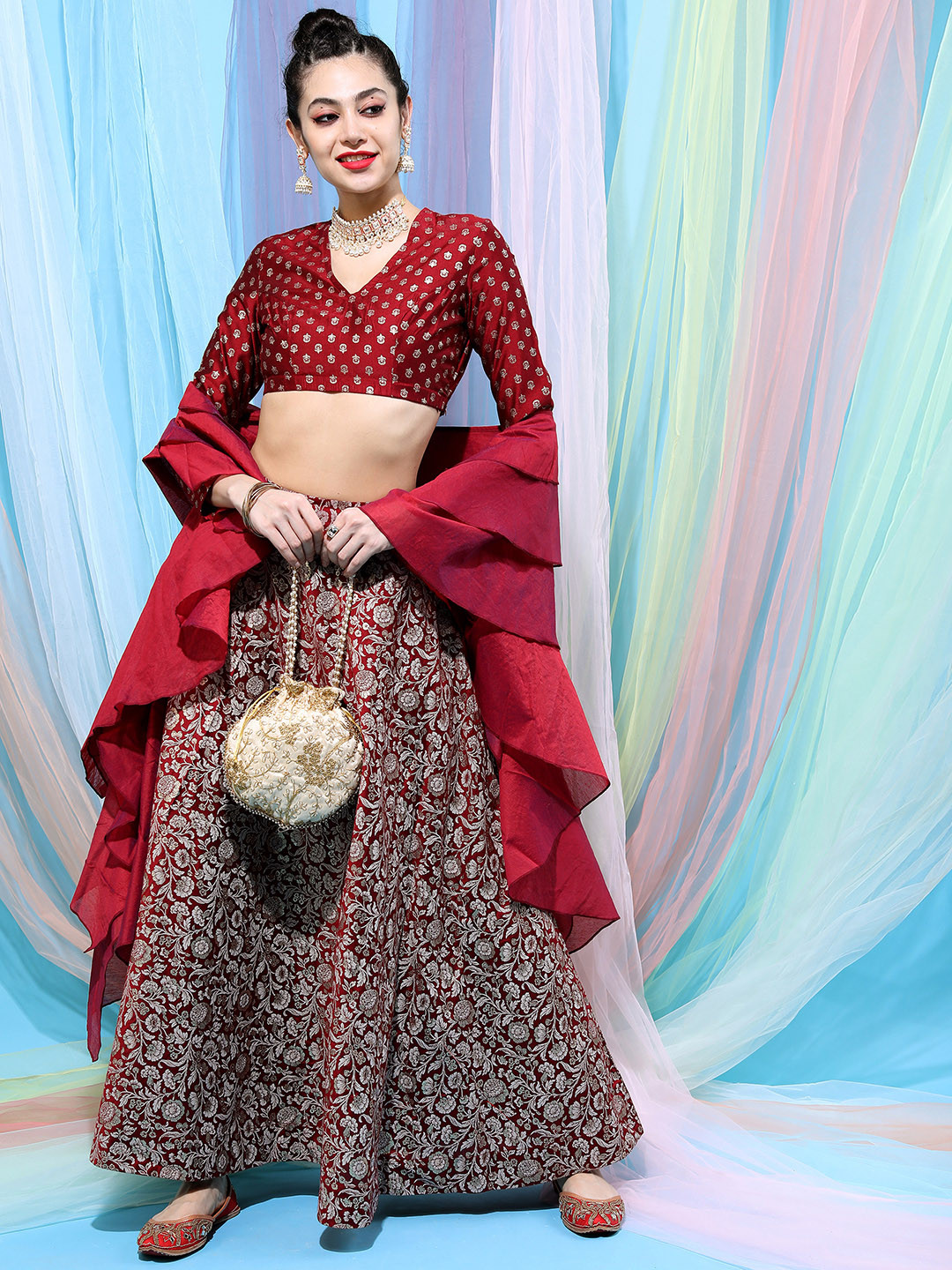 Buy Vishudh Floral Printed V Neck Ready To Wear Lehenga Choli - Lehenga ...