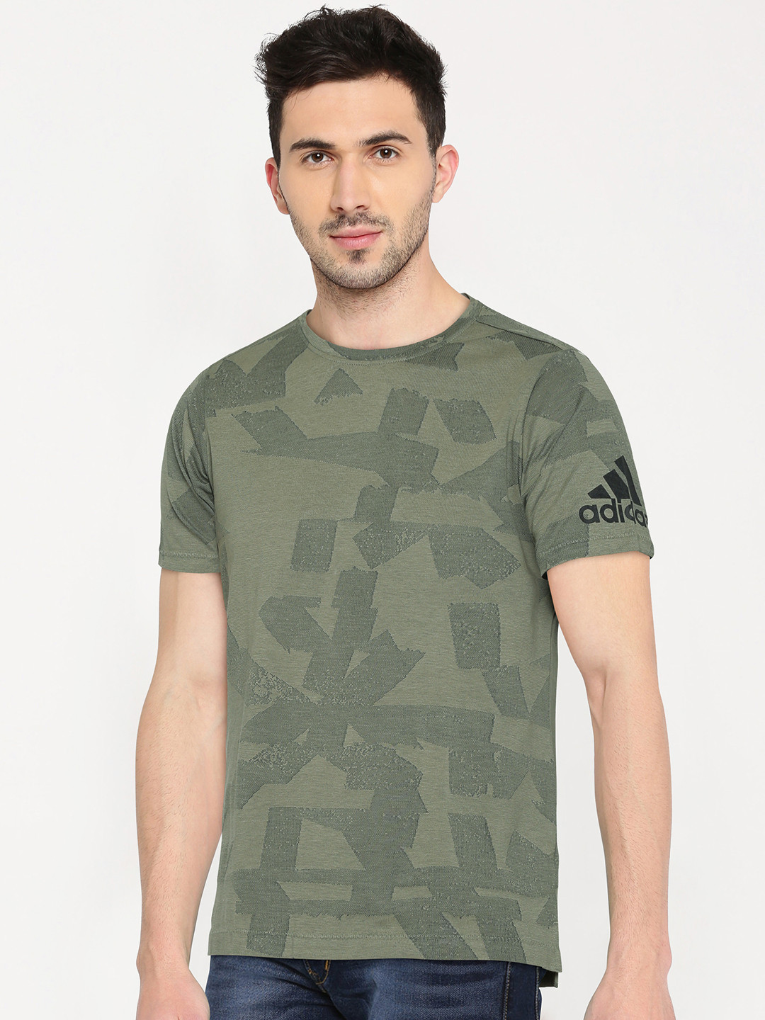 Buy ADIDAS Men Olive Green Freelift Elite Self Design Round Neck T ...