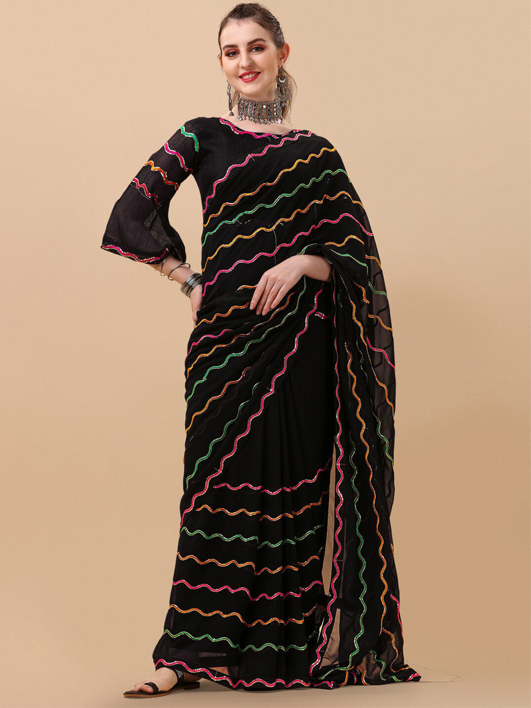 Buy Sangria Striped Embroidered Pure Georgette Heavy Work Saree ...