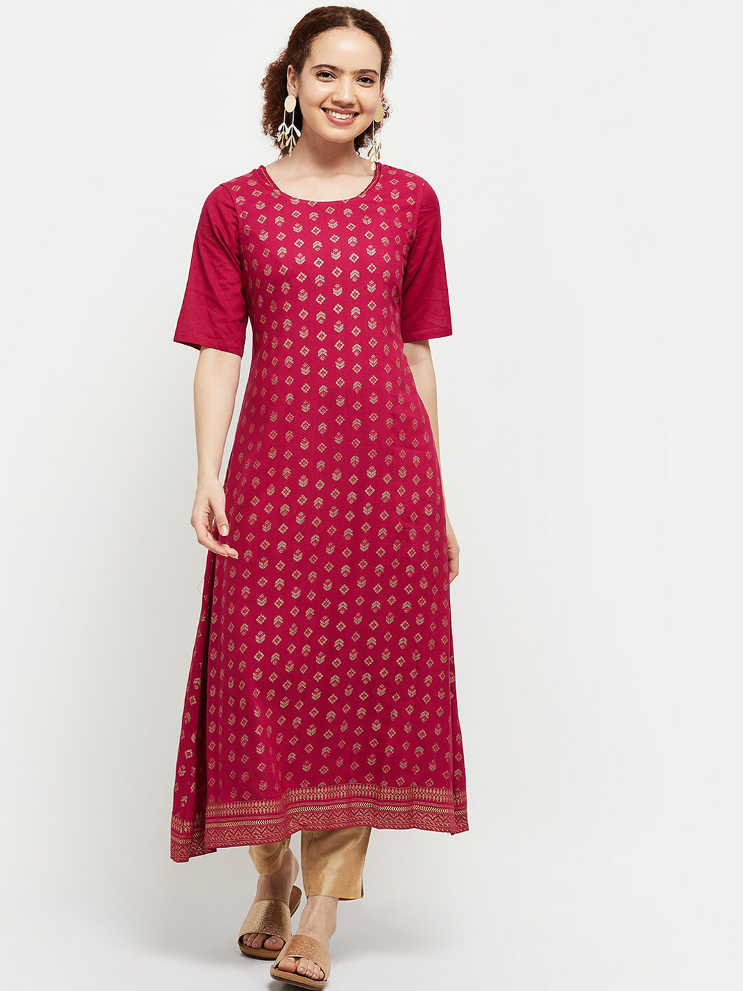 Buy Max Women Pink Ethnic Motifs Printed Kurta - Kurtas for Women ...