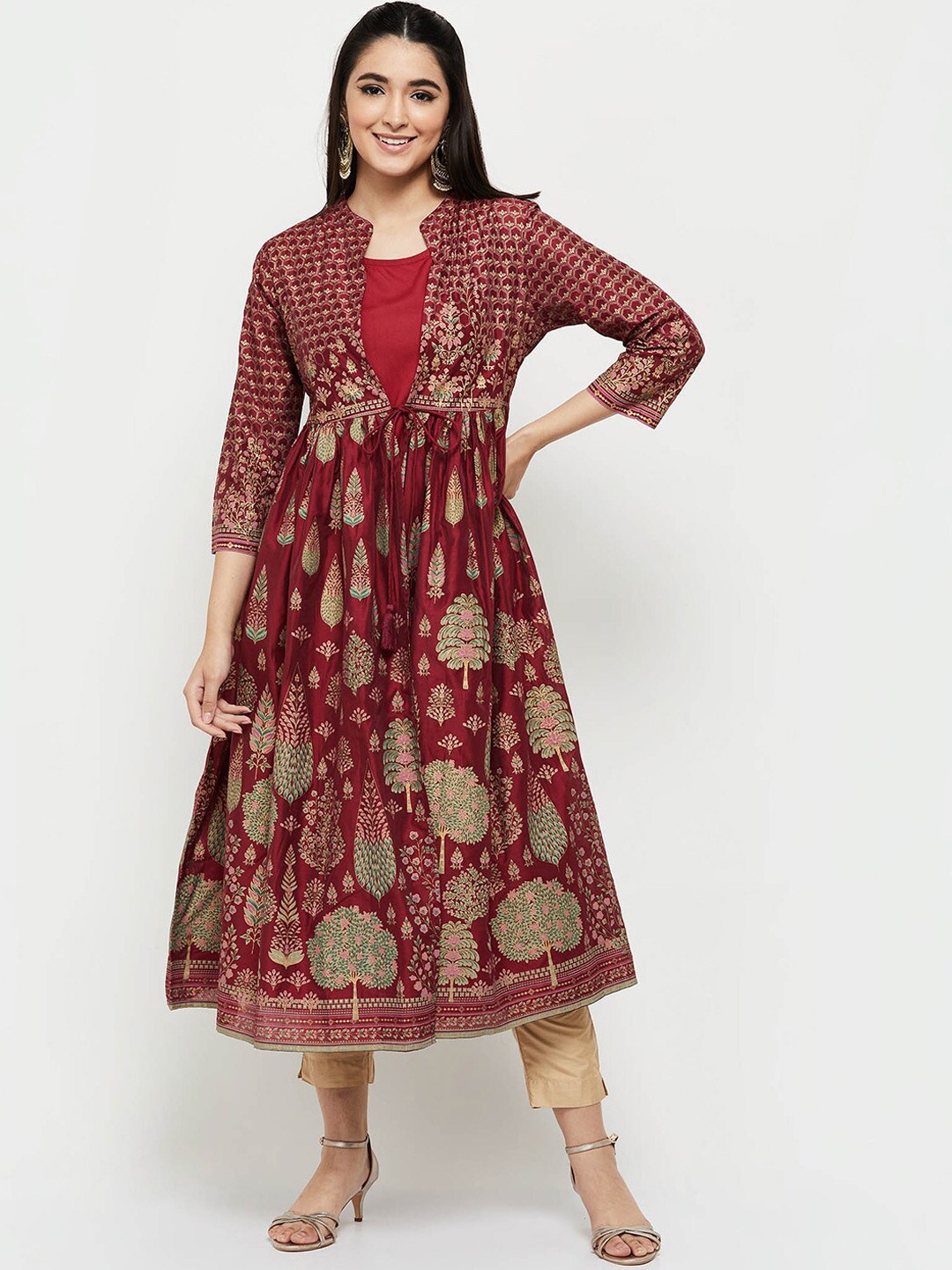 Buy Max Women 2 Piece Maroon And Pink Floral Printed Anarkali Kurta
