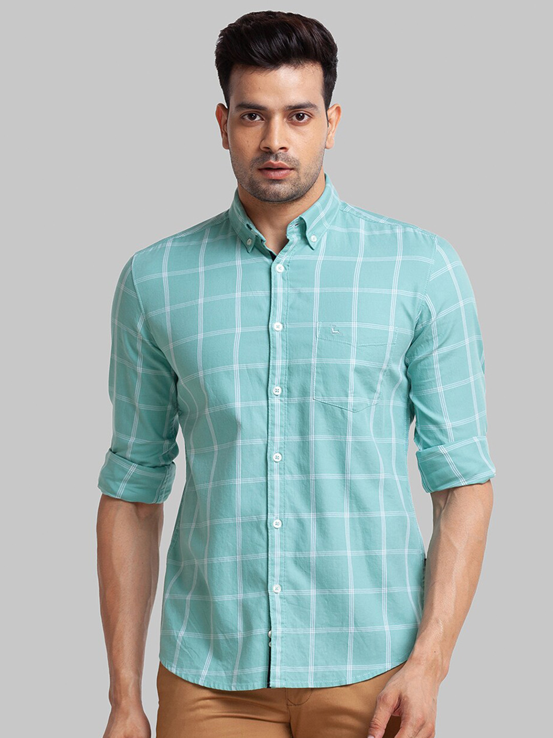 Buy Parx Men Green Slim Fit Windowpane Checks Checked Casual Shirt ...