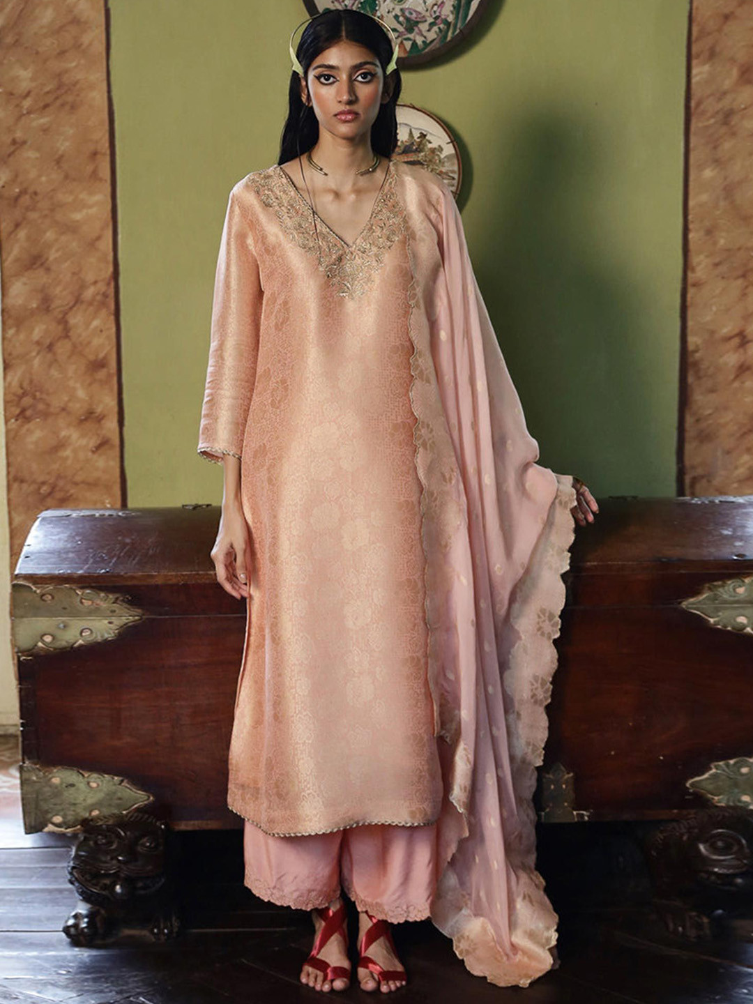 Buy Ganga Women Floral Regular Thread Work Raw Silk Kurta With Palazzos ...