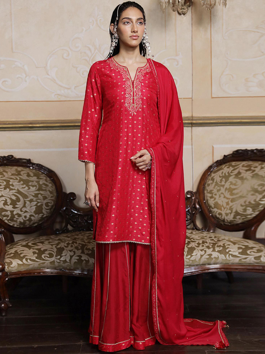 Buy Ganga Women Regular Raw Silk Kurta With Sharara & With Dupatta ...