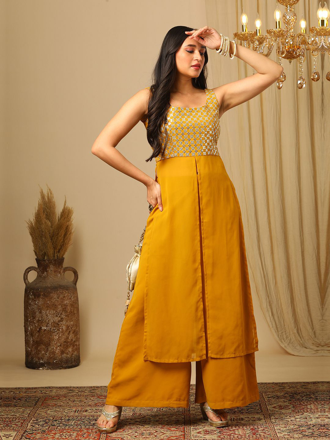 Buy Globus Women Floral Embroidered High Slit Sequinned Kurta With ...