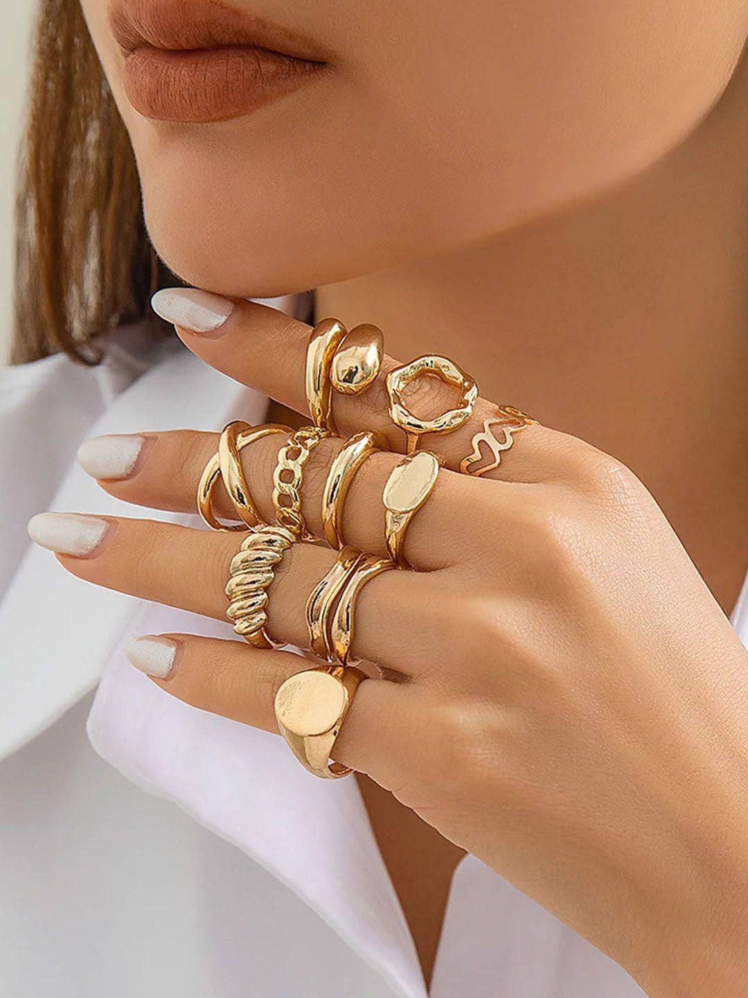 Buy Jewels Galaxy Set Of 10 Gold Plated Midi Adjustable Finger Rings ...