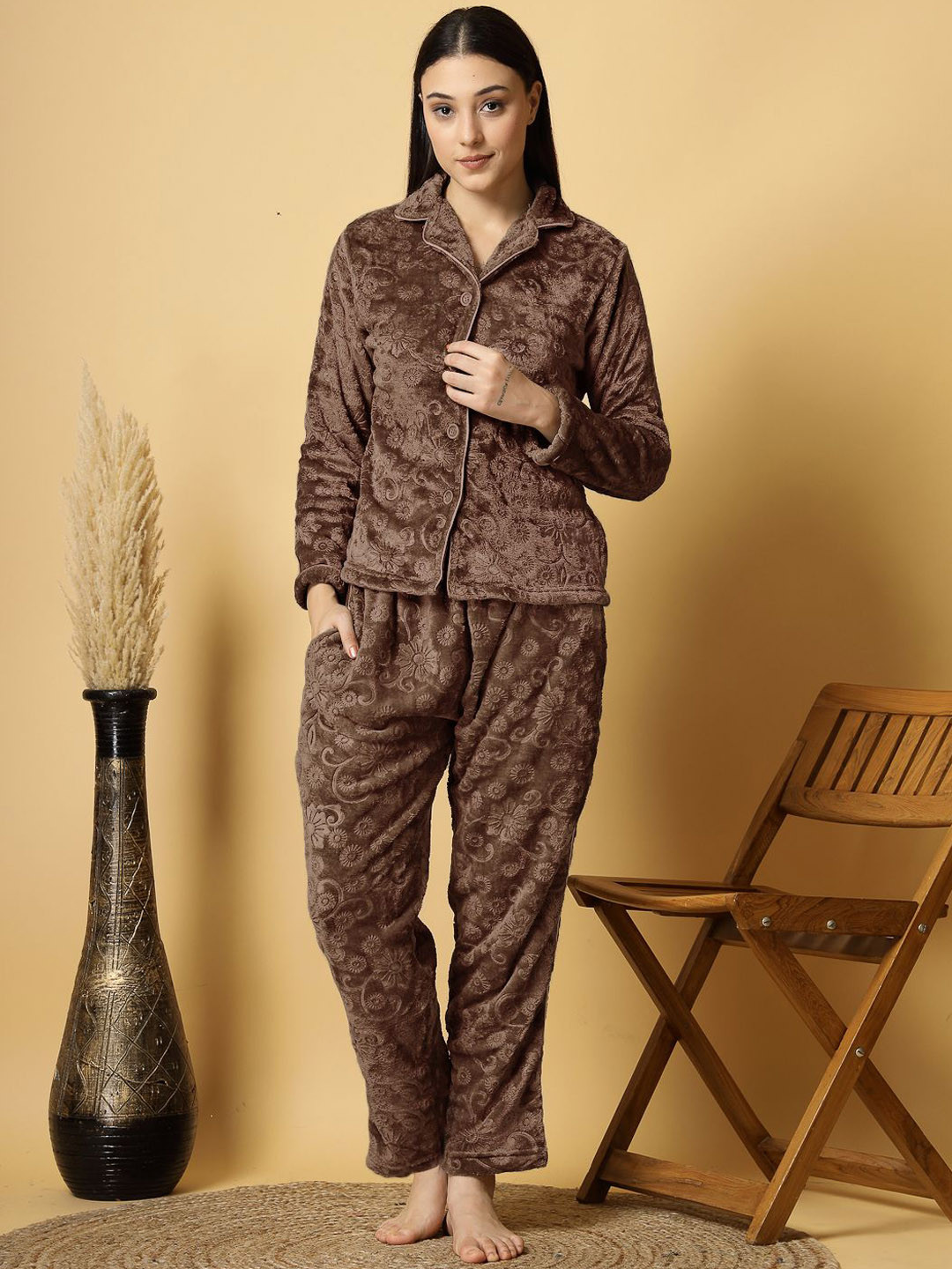 Buy FABINALIV Floral Embossed Lapel Collar Winter Night Suit - Night ...