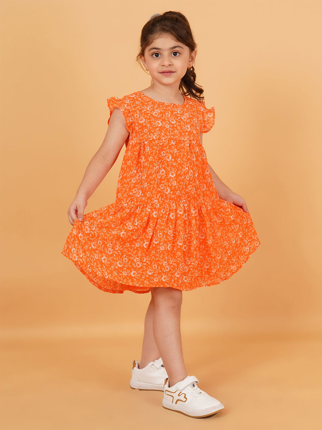 Buy Creative Kids Floral Print Flutter Sleeve Georgette A Line Dress ...