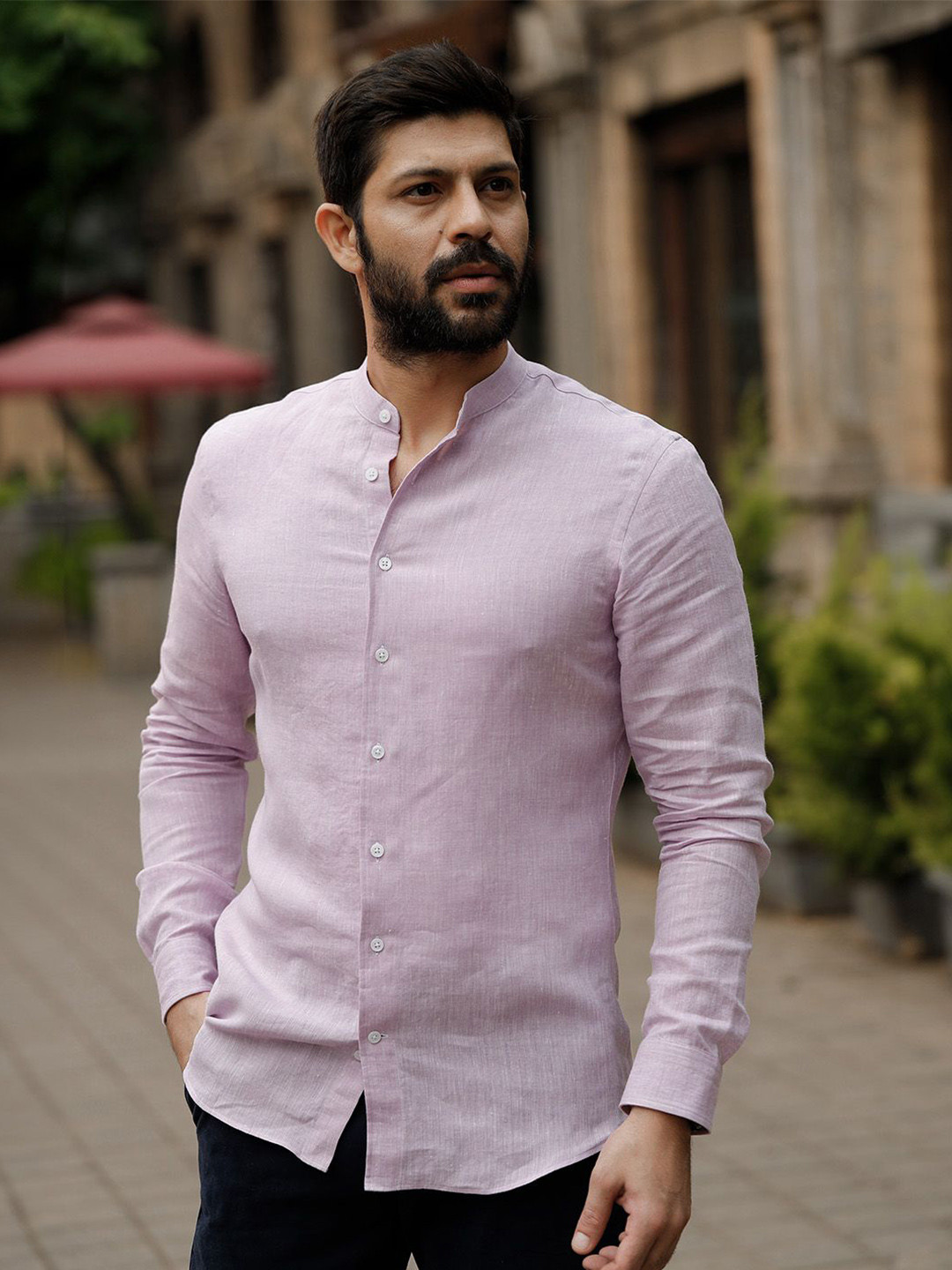 Buy Monks Of Method Men Comfort Band Collar Solid Linen Casual Shirt ...