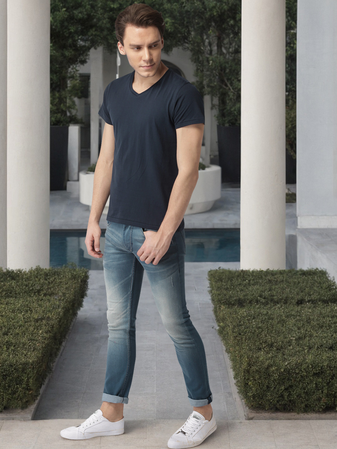 Buy Mast & Harbour Men Navy Blue Solid V Neck T Shirt - Tshirts for Men ...