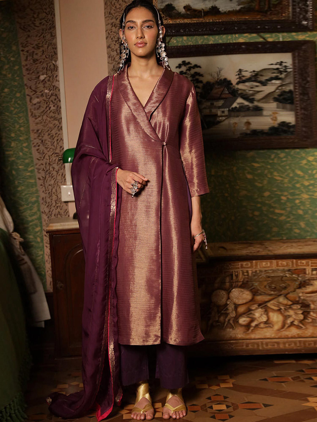 Buy Ganga Women Regular Raw Silk Kurta With Palazzos & With Dupatta ...
