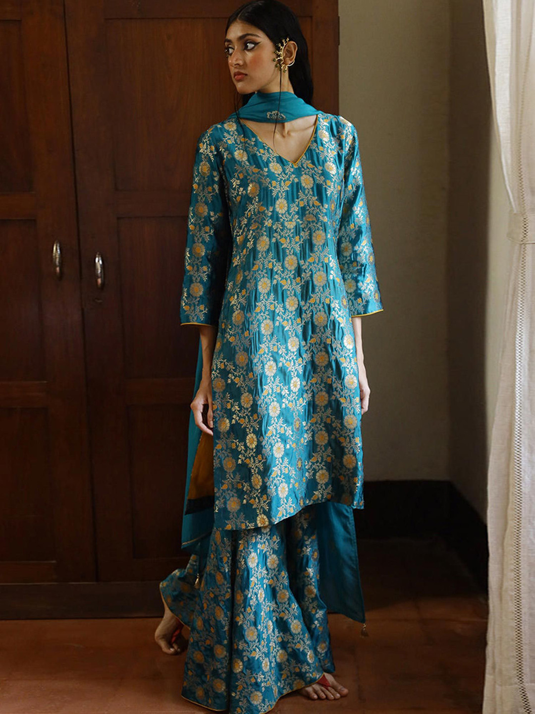 Buy Ganga Women Regular Raw Silk Kurta With Sharara & With Dupatta ...