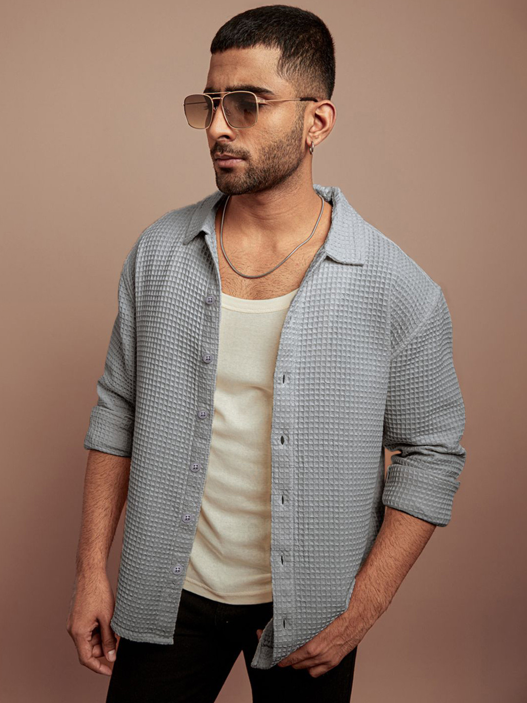 Buy Powerlook Men Spread Collar Textured Solid Cotton Canvas Casual ...