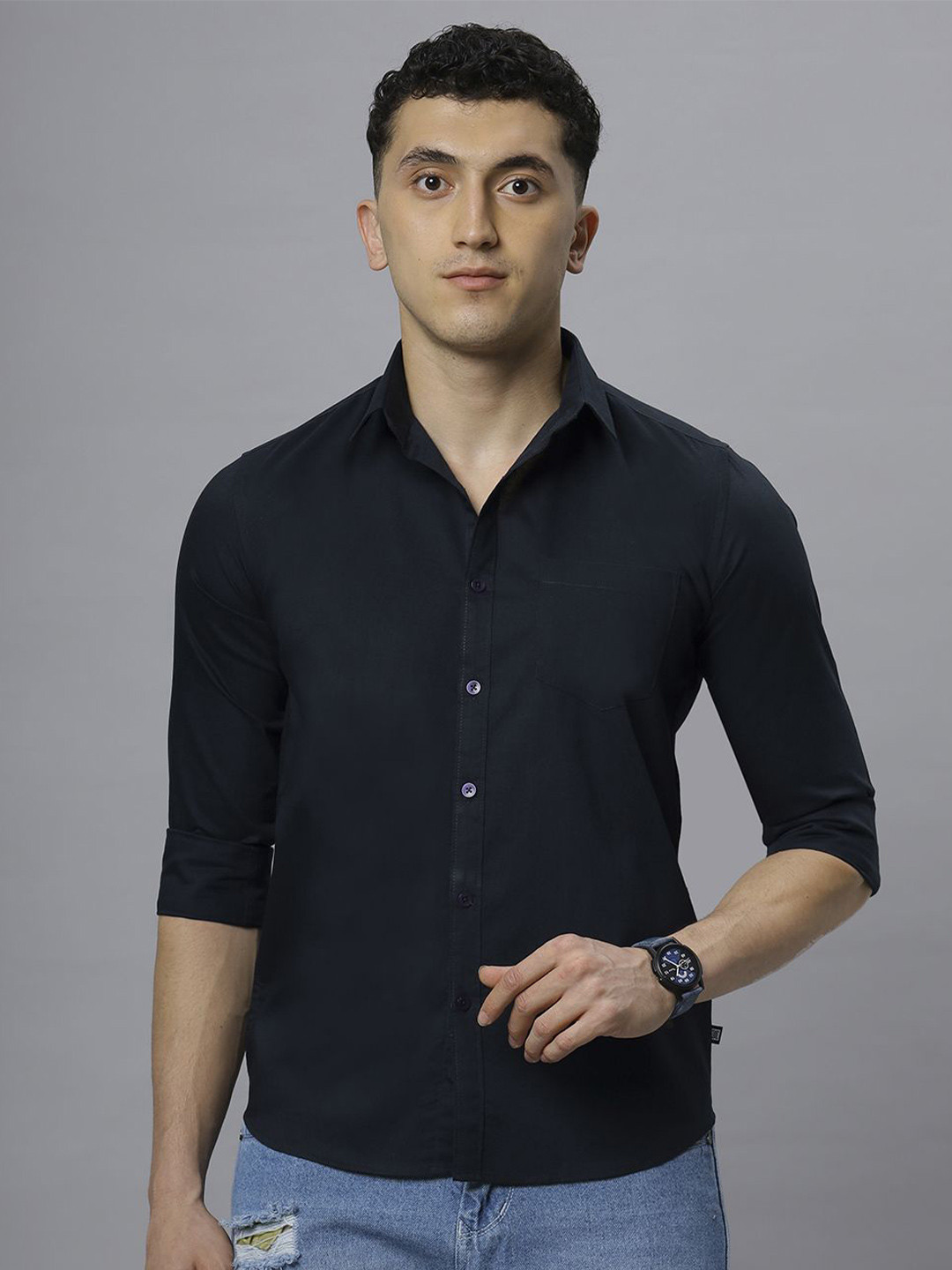 Buy Hence Men Spread Collar Solid Cotton Slim Fit Casual Shirt - Shirts ...