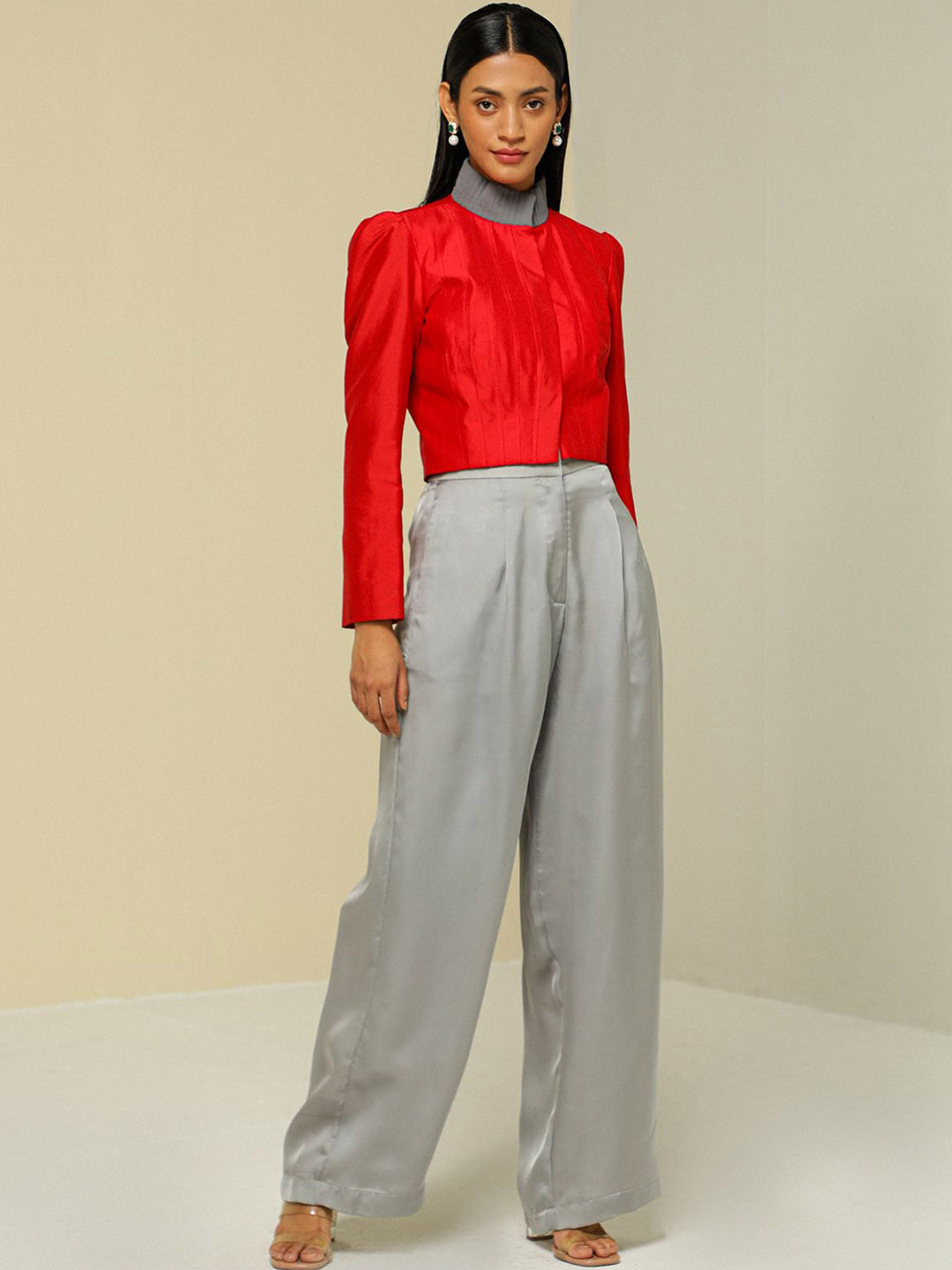 Buy ZAITRA Women Solid Flared Mid Rise Pleated Parallel Trousers ...