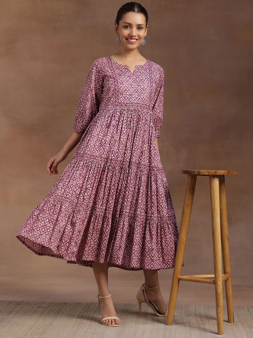 Buy Libas Ethnic Motifs Print Puff Sleeve Layered A Line Midi Dress ...