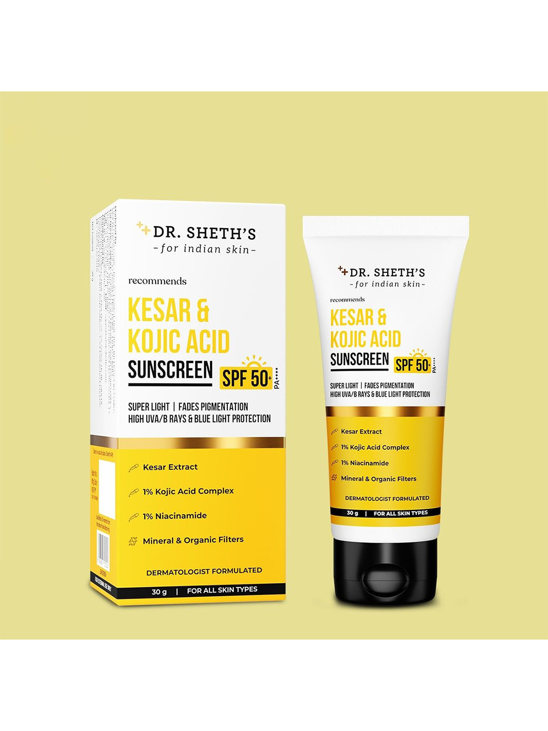Buy DR. SHETHS Kesar & Kojic Acid Sunscreen SPF 50+ PA++++ 30g - Face ...