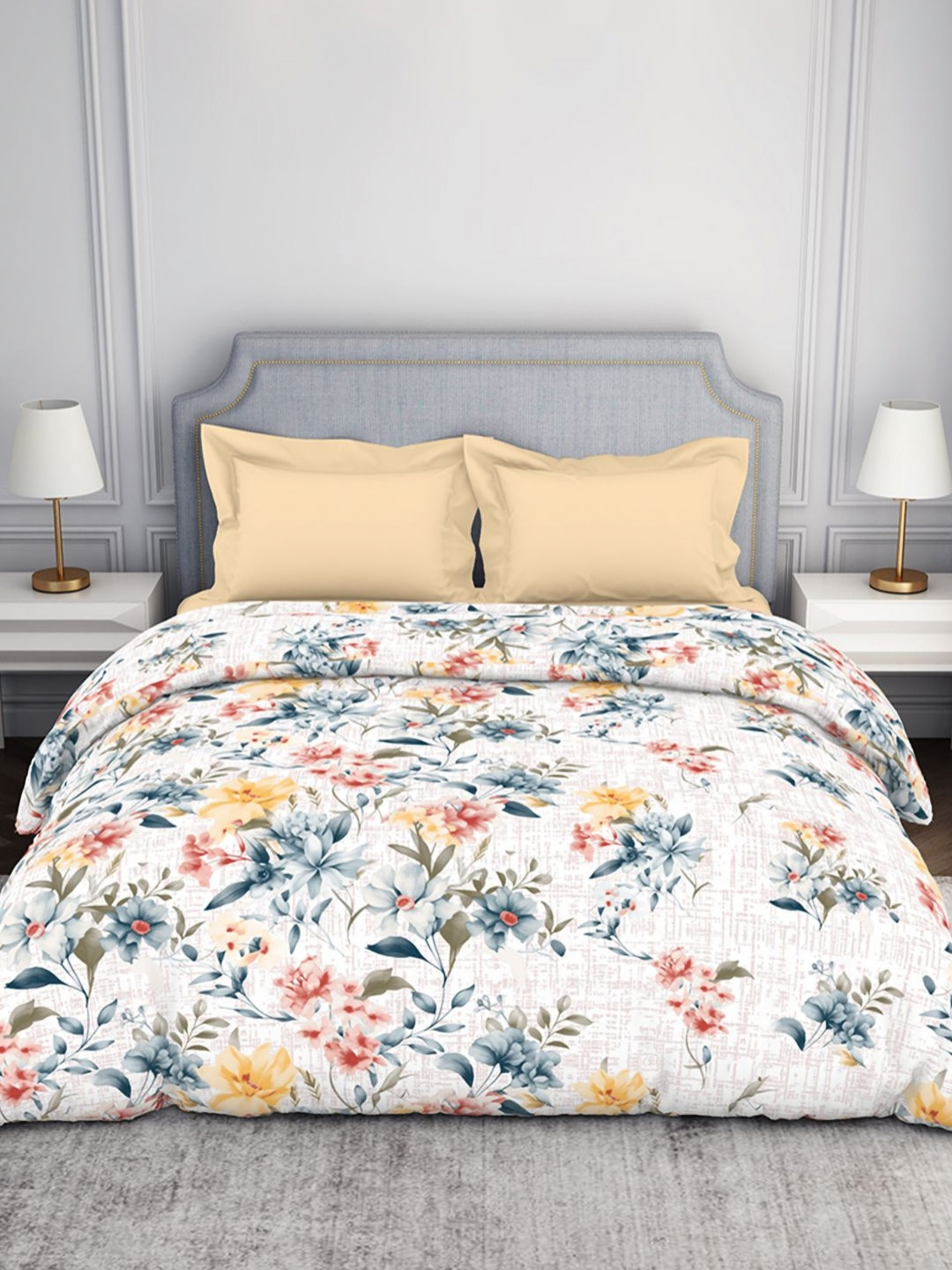 Buy SPACES Teal & White Floral Printed 144 TC Pure Cotton Double Bed ...