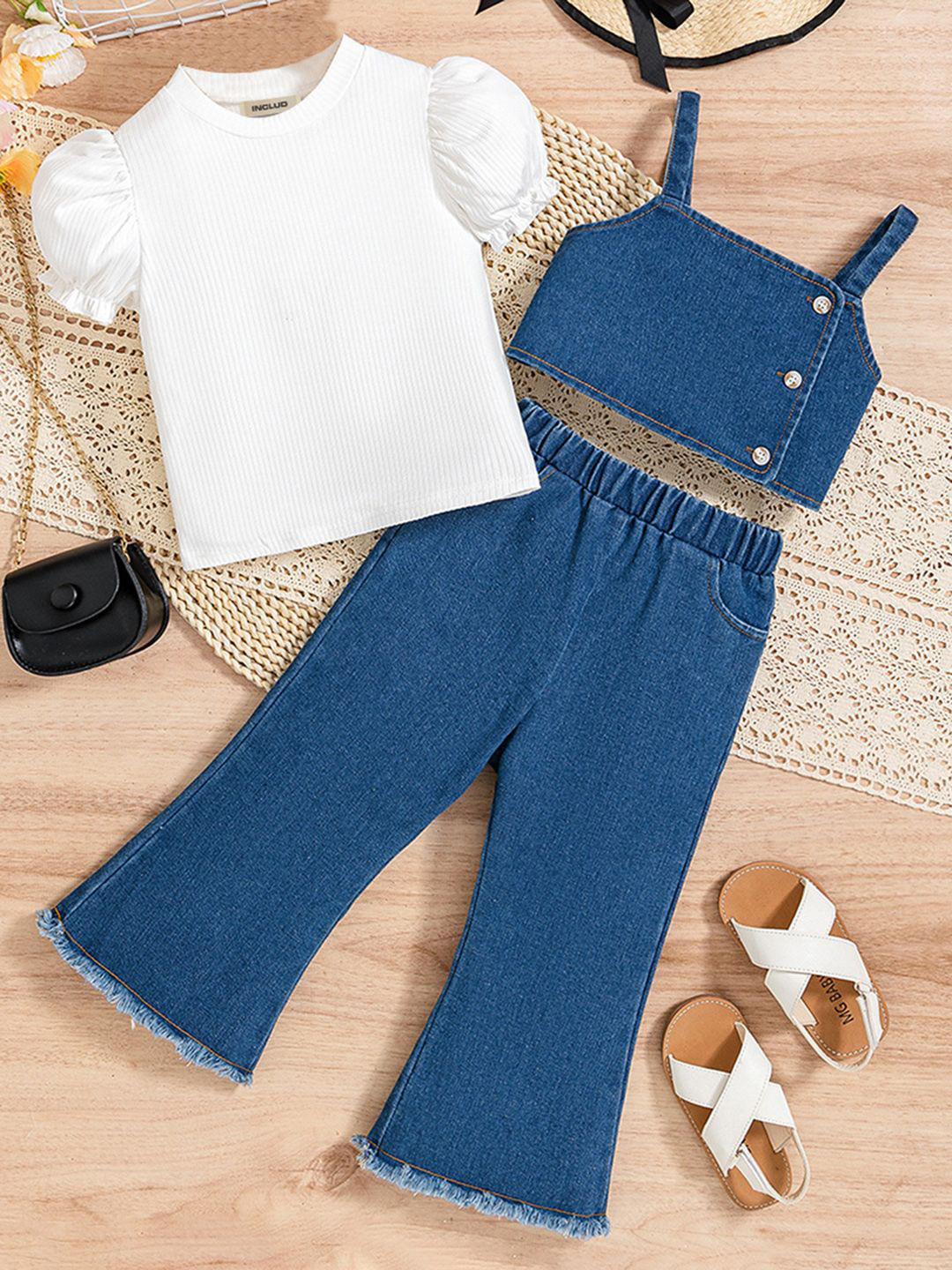 Buy INCLUD Girls Round Neck Puff Sleeves Top With Trousers & Camisole ...