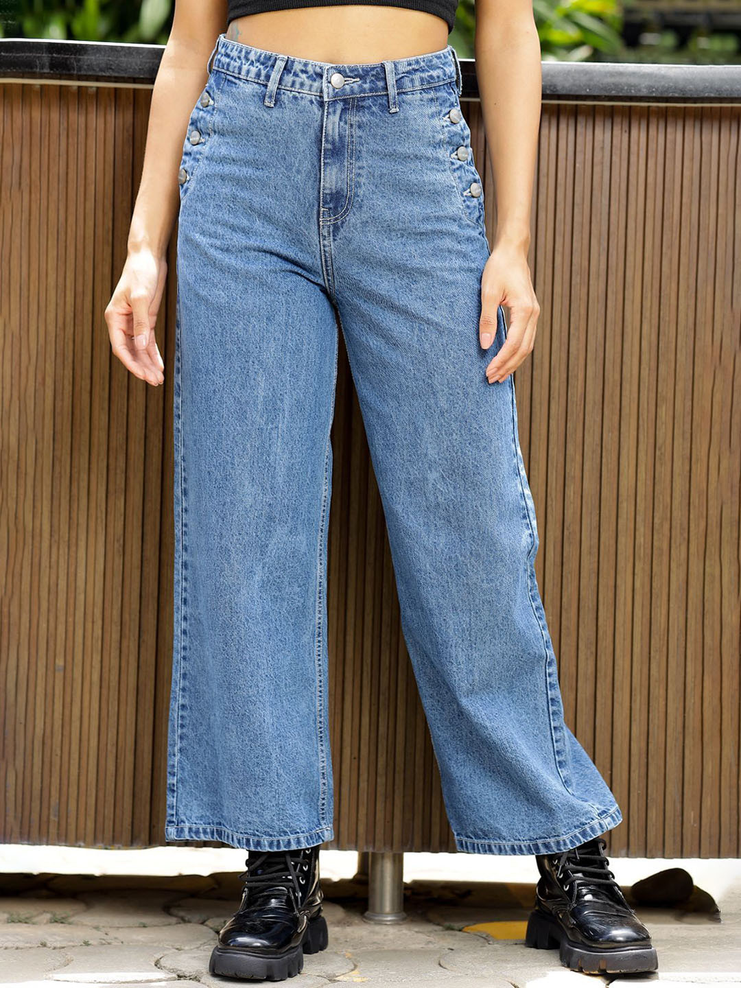 Buy HJ HASASI Women Wide Leg High Rise Light Fade Jeans - Jeans for ...