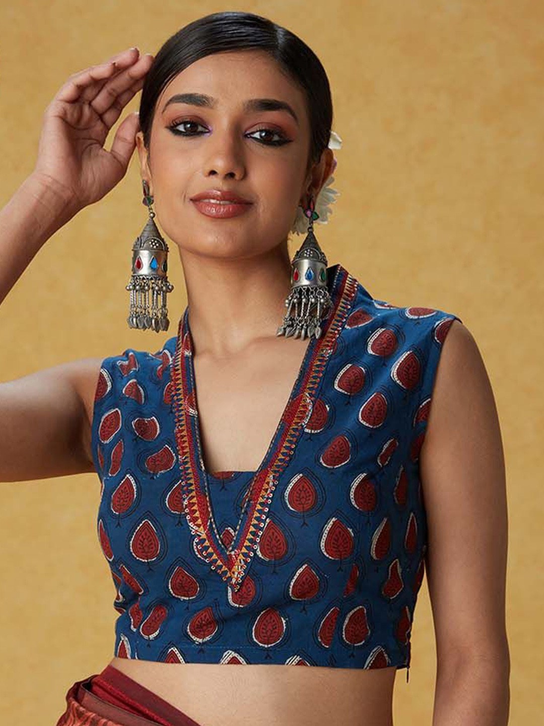 Buy Likha Authentic Indigo Printed With Embroidered Sleeveless Blouse ...