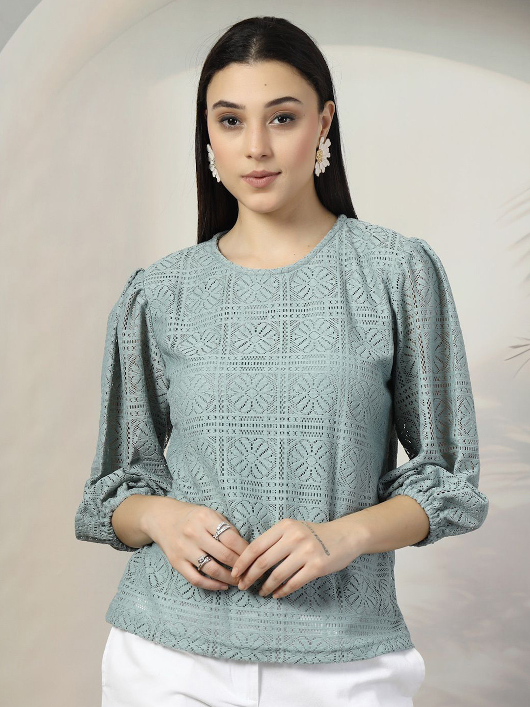 Buy PlusS Women Self Design Crochet Round Neck Cotton Top - Tops for ...