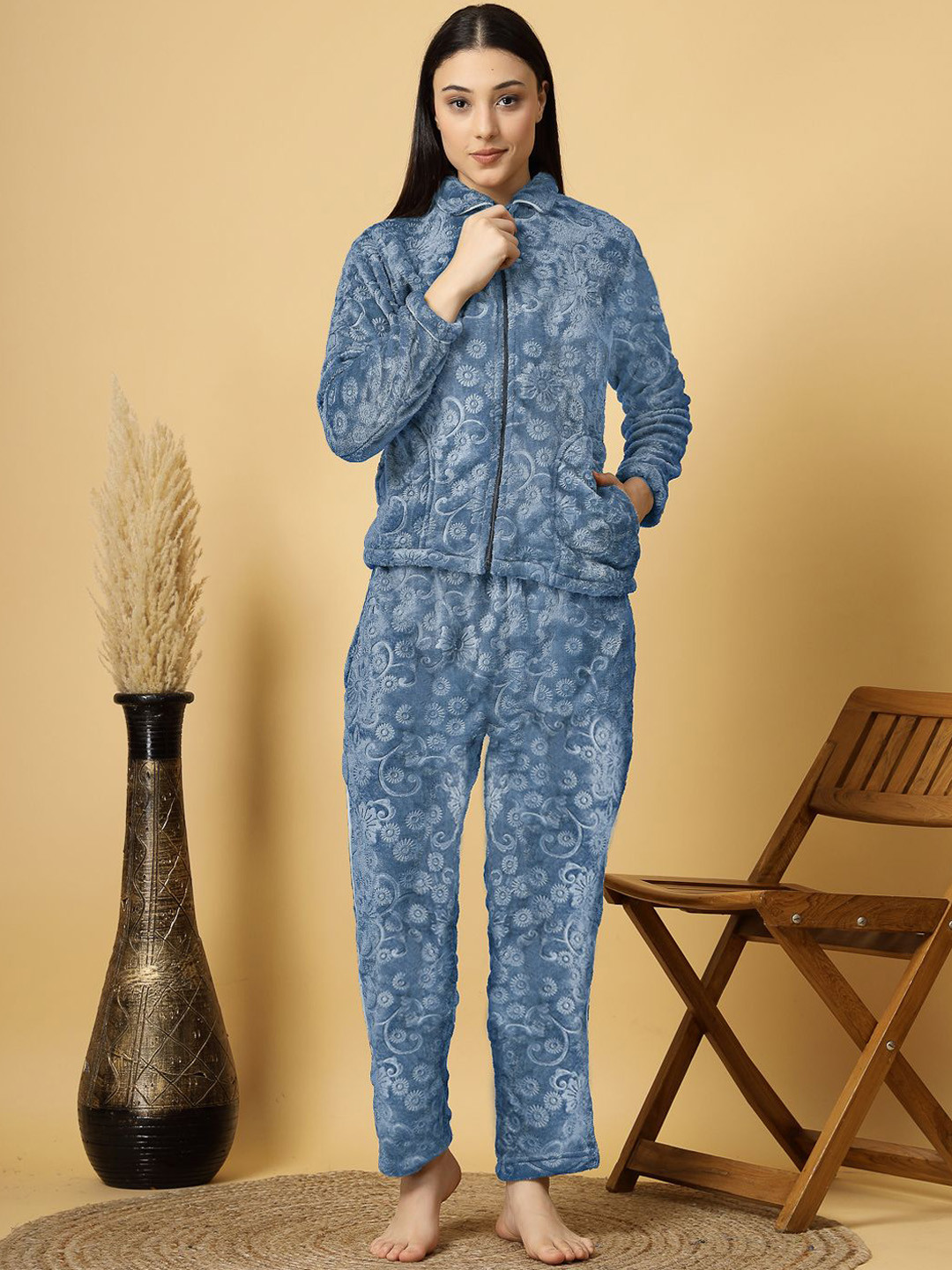 Buy FABINALIV Floral Embossed Zip Closure Winter Night Suit - Night ...