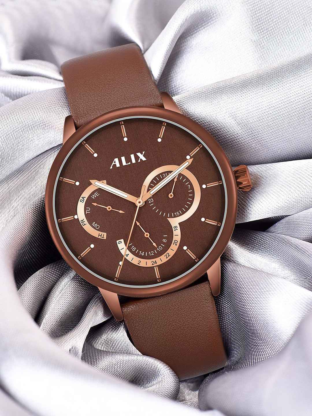 Buy ALIX Men Brass Dial & Leather Straps Analogue Chronograph Watch ...