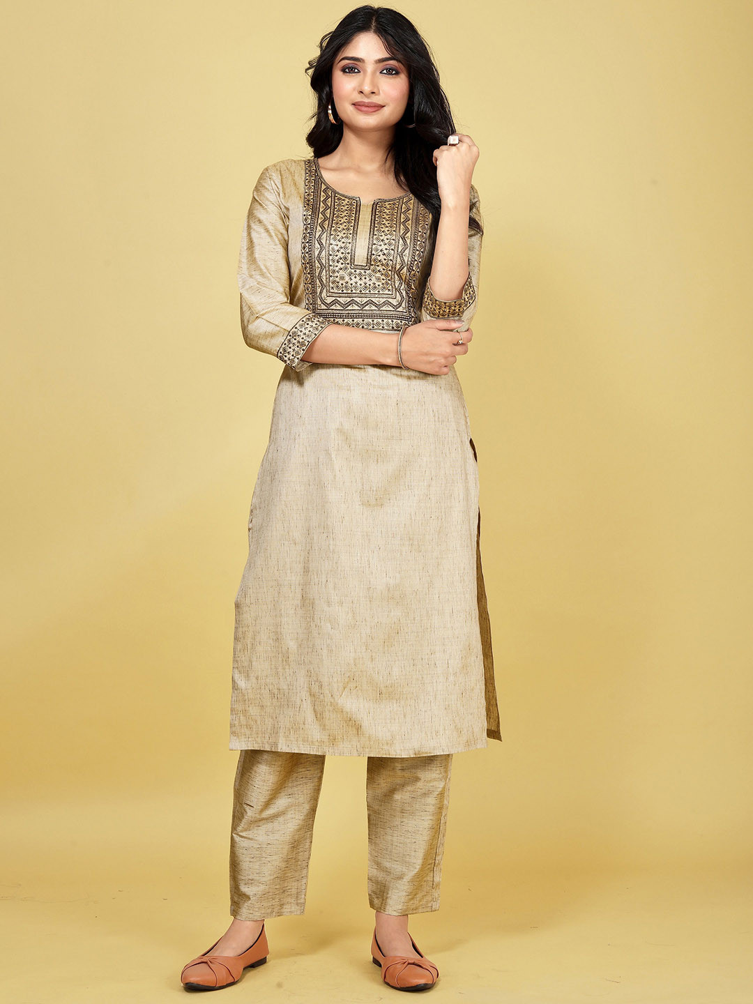 Buy JDS LIFESTYLE Ethnic Motifs Embroidered Straight Kurta With Trousers - Kurta Sets for Women ...